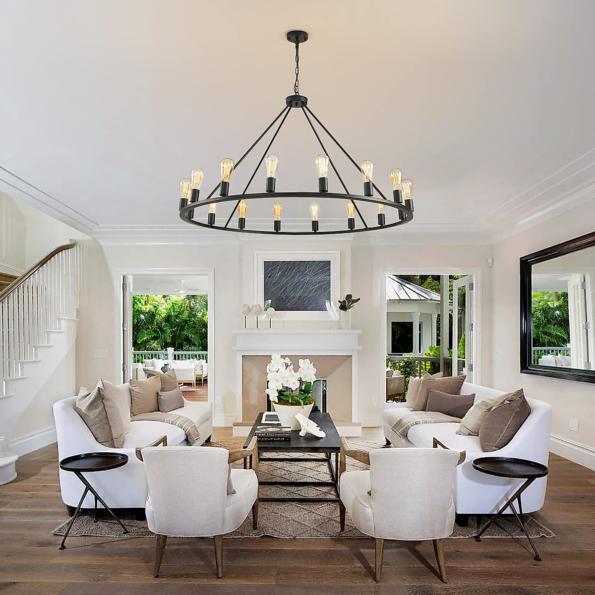 Tefiohen 48" 16-Light Large Wagon Wheel Chandelier, Farmhouse Chandelier, Heights Adjustable Rustic Vintage Round Pendant Light Fixtures for Kitchen Island Dining Living Room Foyer Entryway, Black