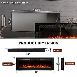 50 Inch Electric Fireplace Wall Mounted Linear LED Flame Fireplace with Remote Control,Timer,Touch Screen,Multicolor Flames,750/1500W Recessed in Wall Fireplace Heater for Living Room