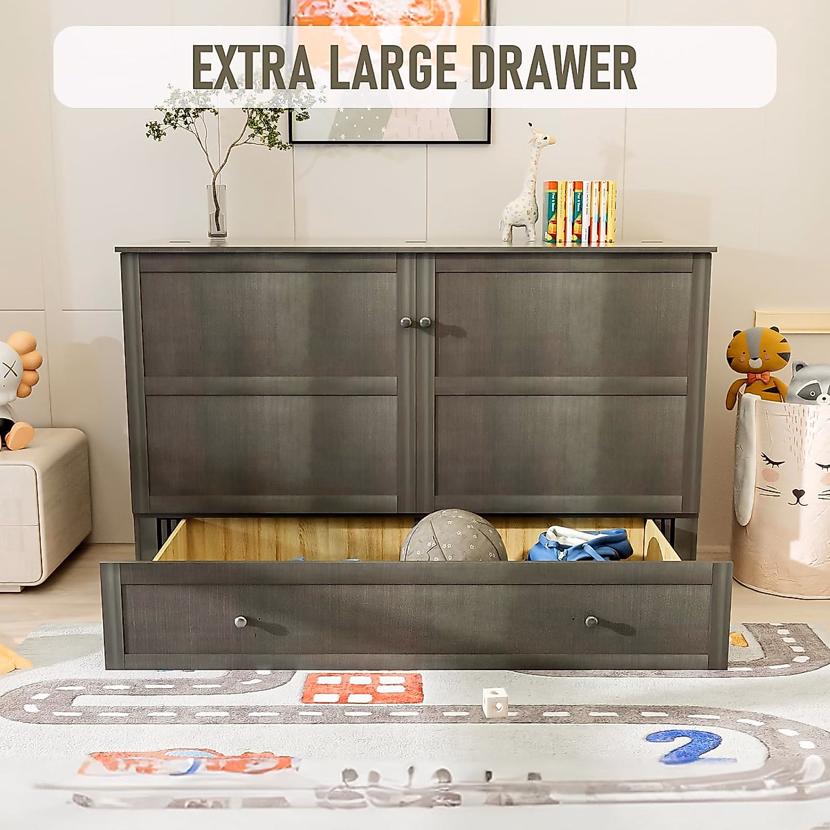 Homnso Queen Murphy Bed, Pine Wood Murphy Cabinet Bed with Tri-Folding Mattress,Storage Drawer & USB Charging Station for Living Room Apartment (Grey for Queen Size)