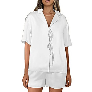 CHYRII Women's Silk Satin Pajamas Sets Tie Front Short Sleeve Tops and Shorts Two Piece Pj Sets Sleepwear White M