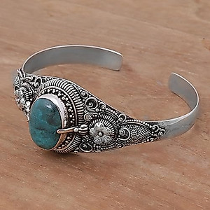 NOVICA Handmade Turquoise Cuff Bracelet Natural on 925 .925 Sterling Silver Tone Blue Indonesia Island Paradise Gemstone 'Balinese Magic'