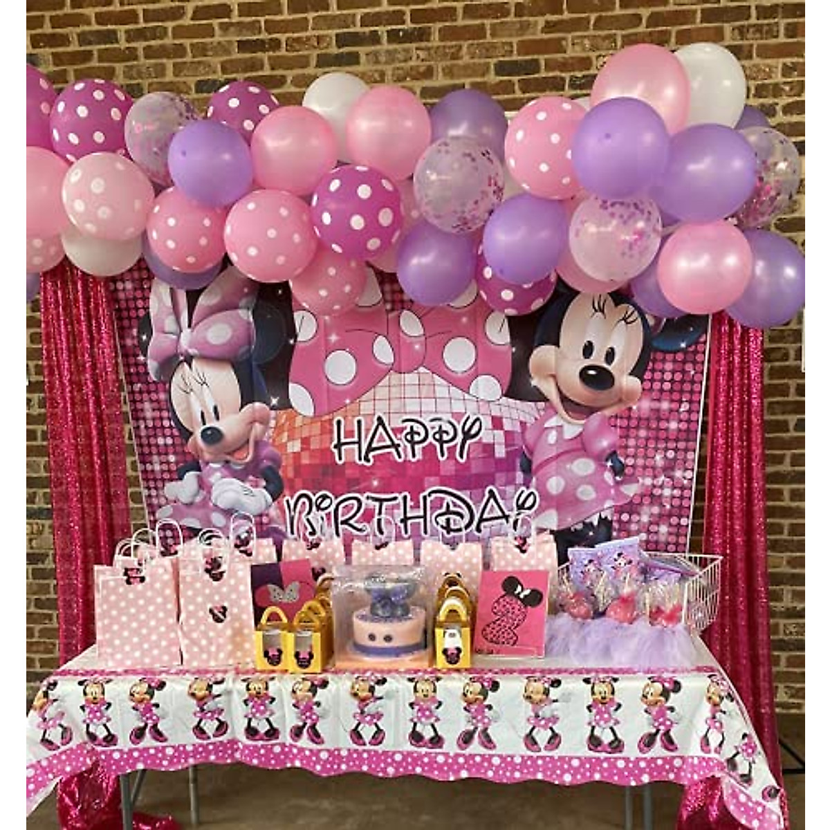 Cartoon Mouse Backdrop Pink Girls Birthday Lights Ball Bowknot Glitter Sequin Dot Photo Background Kid Girls Birthday Party Supplies 7x5ft Newborn Baby Shower Decoration Photo Booth Studio Prop