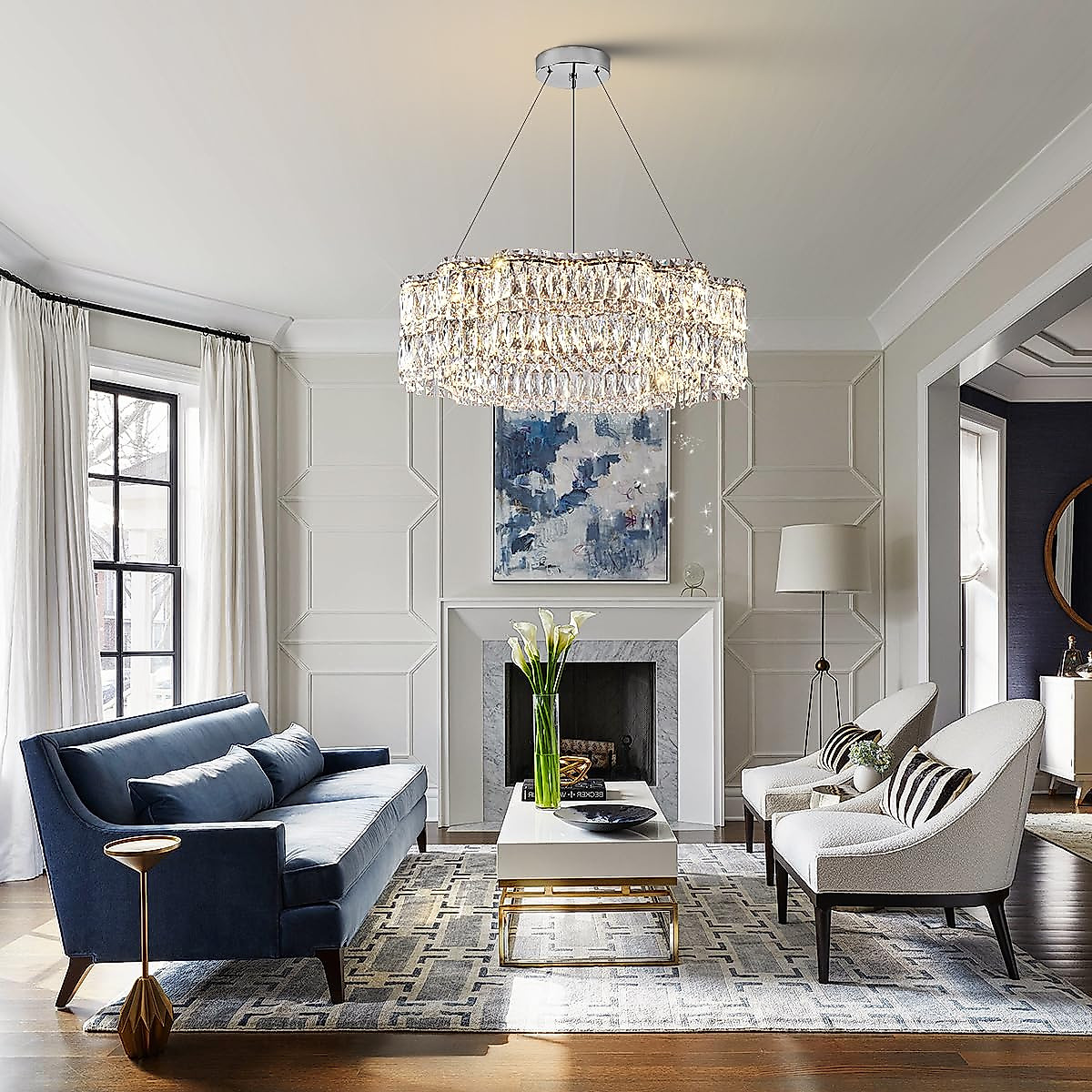 Poemoon Modern Crystal LED Chandelier 32’’ with Remote Control Dimmable 3000-6500K Contemporary Chrome Luxury Chandeliers Light Fixture for Living Dining Room Bedroom Kitchen Island Foyer Entryway