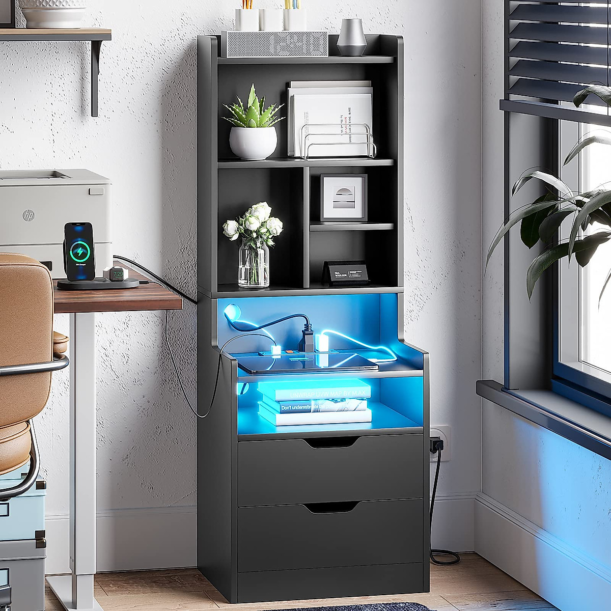 ADORNEVE Tall Night Stand with Charging Station and LED Lights,Nightstand with Bookshelf,Bedside Table with Drawers & Power Outlets,End Side Table for Bedrooms (Black)