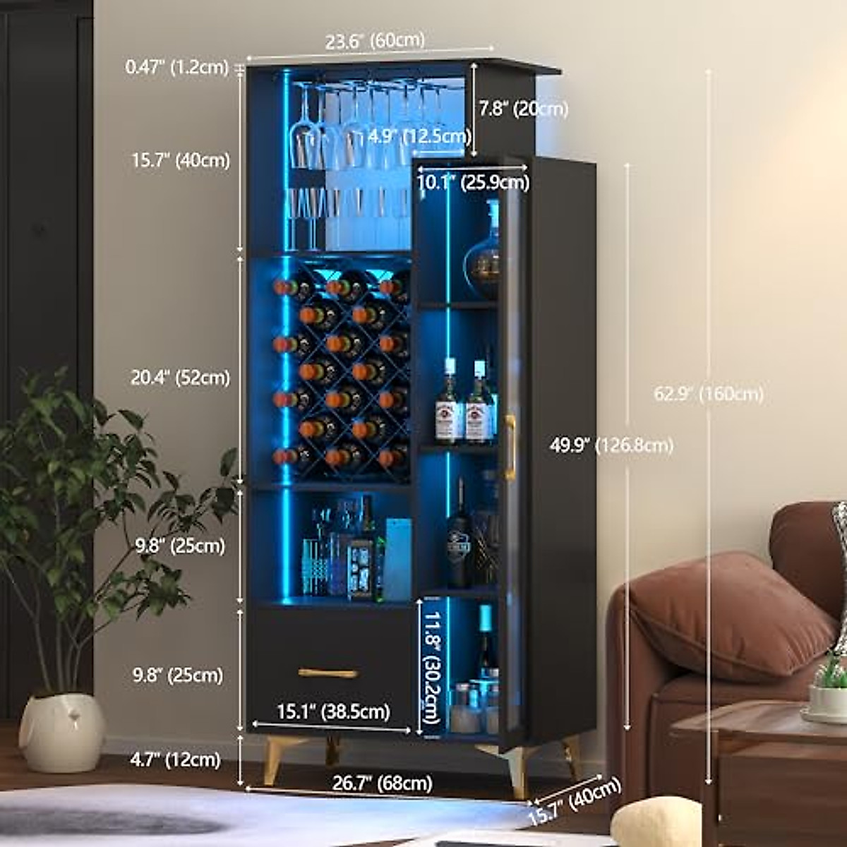 Vlsrka LED Liquor Wine Cabinet, Wine Bar Cabinet with USB Port, Bar Cabinets for 18 Bottle Wine Rack and 3 Glass Holder, Tall Sideboard Buffet Storage Cabinet for Living, Dining Room, Black