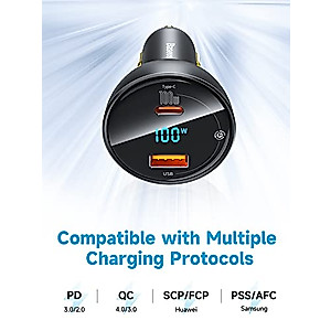 Baseus 100W USB C Car Charger, PPS PD3.0 QC4.0 Super Fast Charging Type C Car Charger with LED Display Adapter Compatible with MacBook Pro Laptop iPad iPhone 14/13 Pro Max Samsung S22 S21 Ultra/Tab S8
