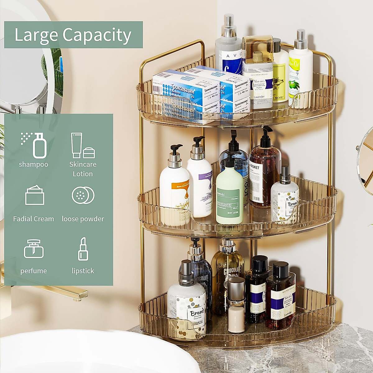 Shario Corner Bathroom Counter Organizer, 3 Tier Bathroom Perfume Organizer Countertop, Makeup Organizer Storage for Vanity, Skin Care, Beauty, Cosmetics. (Gem Green, 3 Tiers)