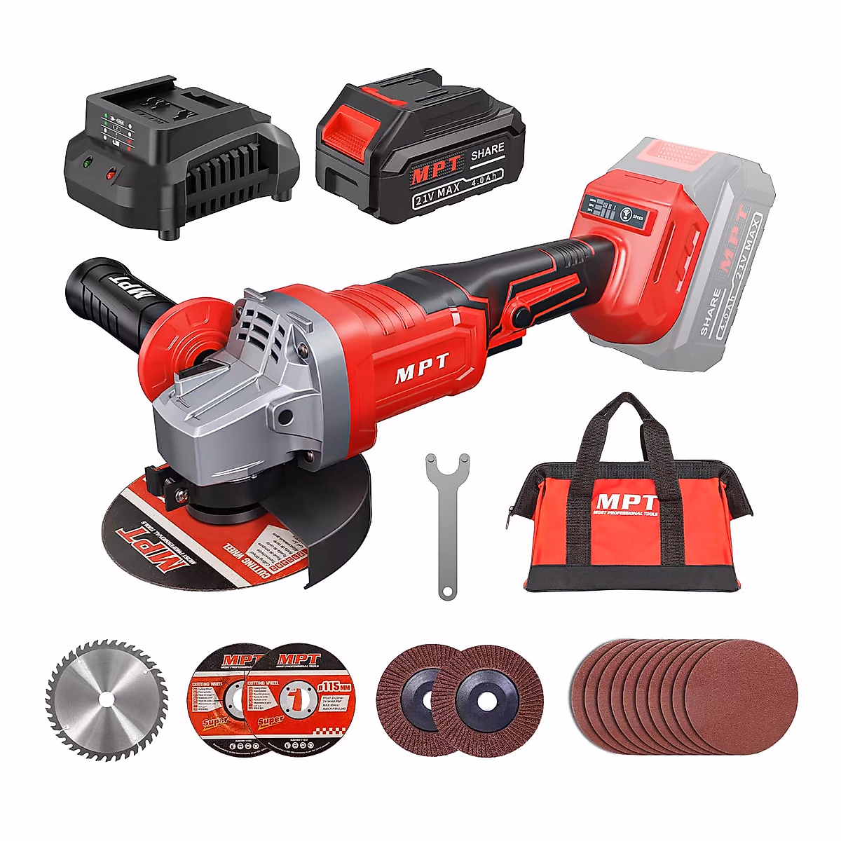 Cordless Grinder - MPT 21V Cordless Angle Grinder with 4.0Ah Li-Ion Battery & Charger, 4-1/2 Inch Blade, Powerful Brushless Motor, Battery Grinder Tool for Metal Wood with Auxiliary Handle
