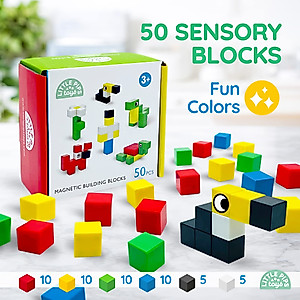 LITTLE PIPS TOYS 50PCS Magnetic Blocks for Kids [Ages 3–6] – 3D Magnetic Building Blocks Set with Child-Safe Magnetic Cubes & Eye Stickers – STEM Magnetic Toys for Critical Thinking, Motor Skills