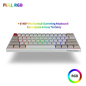 Ractous RTK61BP 60% Wireless Mechanical Gaming Keyboard,RGB Blacklit PBT Sublimation Keycaps 61keys Bluetooth5.1/Wried Gaming Keyboard for PC/Mac Gamers,Hot-Swap Gateron Optical Red Switch-White