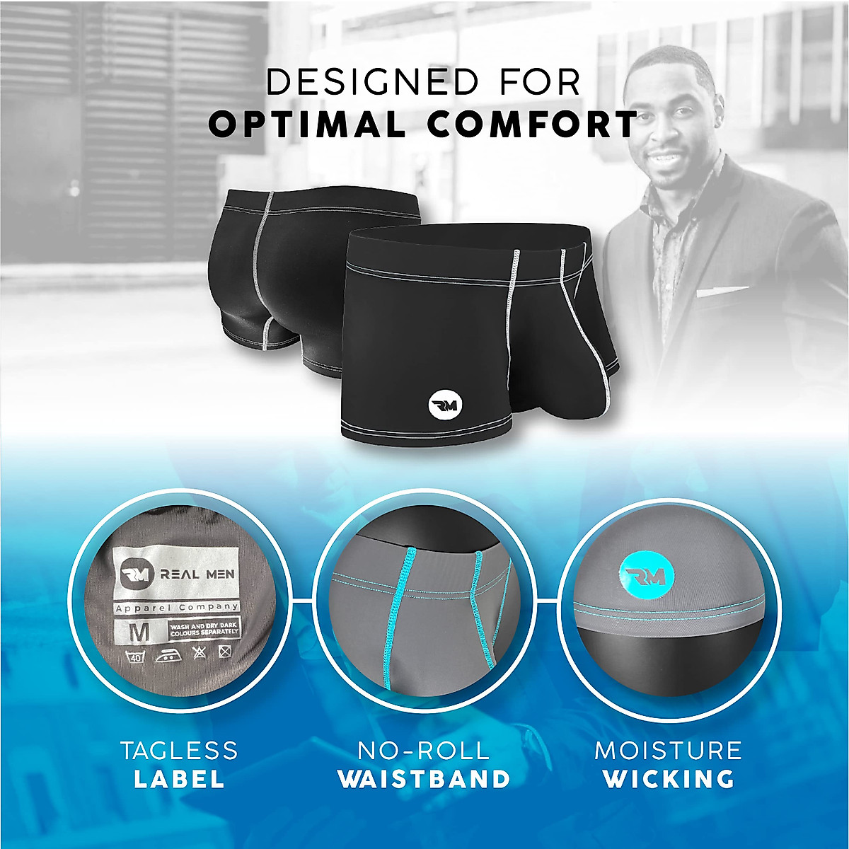 RM Real Men Bulge Enhancing Underwear - 1 Pack 3in Inseam - Mens Underwear Pouch Boxer Brief (Black w White Stitch) 2XL