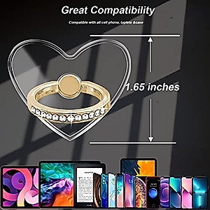 TACOMEGE Transparent Clear Cell Phone Ring Grips Holder for Apple iPhone Samsung Galaxy, Finger Ring Stand for Smartphones Tablets Cases(Crystal-Heart-Gold)