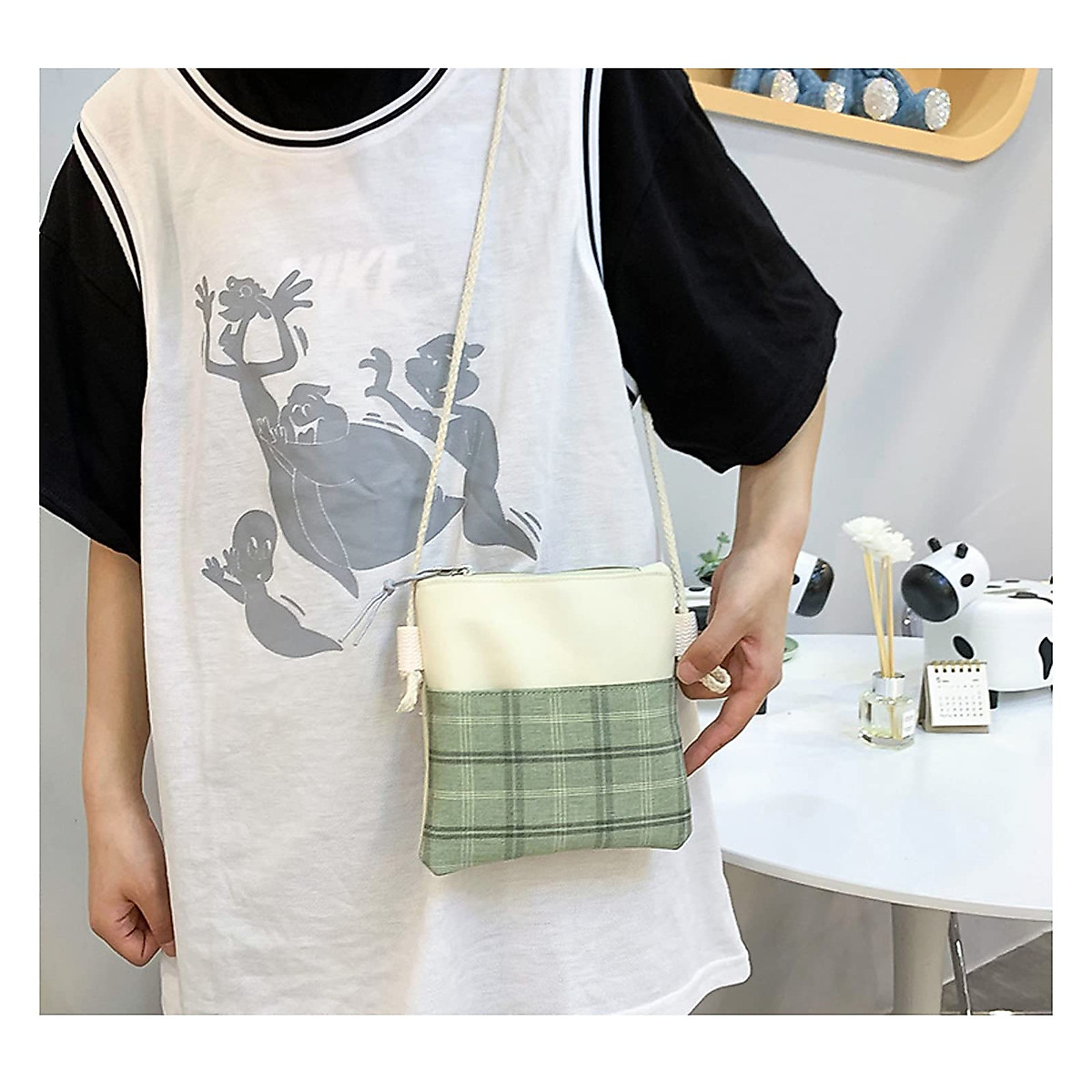 Hopecn Kawaii Plaid Backpack Combo Set 5Pcs Girls Cute Aesthetic Backpack With Canvas Crossbody Bag School Bookbag Daypack Green