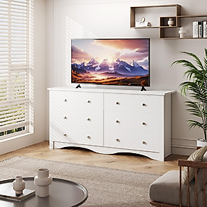Furmax 6 Wood Drawers Dresser for Bedroom, Double Dresser for TV up to 65 inch, TV Stand Storage Chest of Drawers for Living Room Hallway Entryway (White)