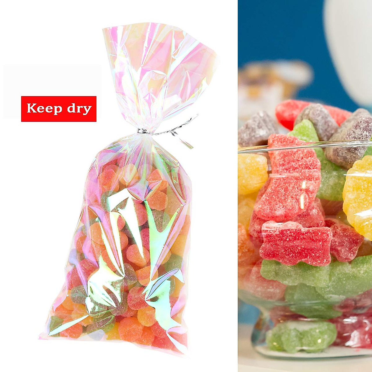 QTOP Cellophane Treat Bags,Iridescent Holographic Goodie Bags, Clear Cello Bags with Twist Ties for Birthday Party Favors, Valentines, Easter, Weddings