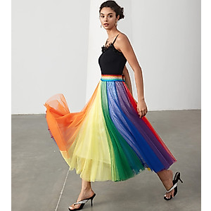 Dwirapal Sequin Long Tulle Skirt 4 Layered Flowy Fairy Sparkle Party Mesh Tea Length Big Hem Skirts for Women