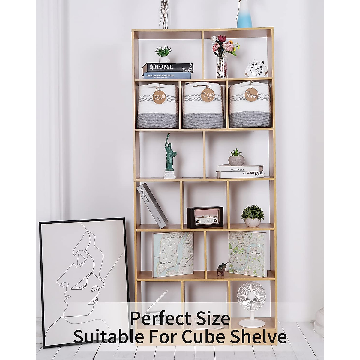 HONIZER Woven Baskets for Storage, 3-Pack Cotton Rope Storage Basket with Handles, Labels, Oval Toy Storage Bins for Cube Organizer, Stuffed Animal Storage Baskets for Shelf, Closet, Bedroom - Grey