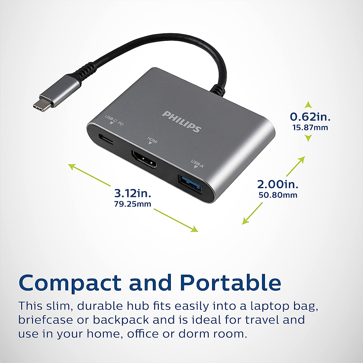 Philips USB C Hub to Multiport Adapter, 3 in 1 Power Pass Through, HDMI 4k@30Hz, 60W USB C Charging Port, 5Gbps USB 3.0 Port for MacBook Pro, MacBook Air, UCB C Laptop Docking Station, DLK9220C/27