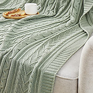Aormenzy Sage Green Cable Knit Throw Blankets for Couch Bed Sofa, Acrylic Knitted Blanket, Soft Cozy Throw Blanket, 50" x 60"