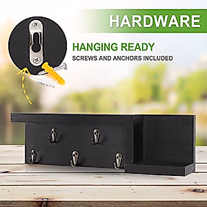 Decorative Key Holder for Wall with Shelf, Entryway Shelf with Hooks Holds Leashes, Jackets and Glasses – Sturdy Wood Keyholder Entrance Hanger with Mounting Hardware (15.6” x 4.7” x 3.5”) (Black)