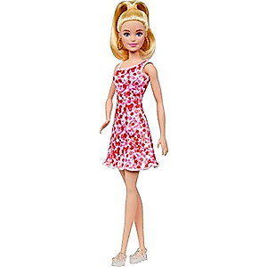 Barbie Fashionistas Doll #205 with Blond Ponytail, Wearing Pink and Red Floral Dress, Platform Sandals and Hoop Earrings