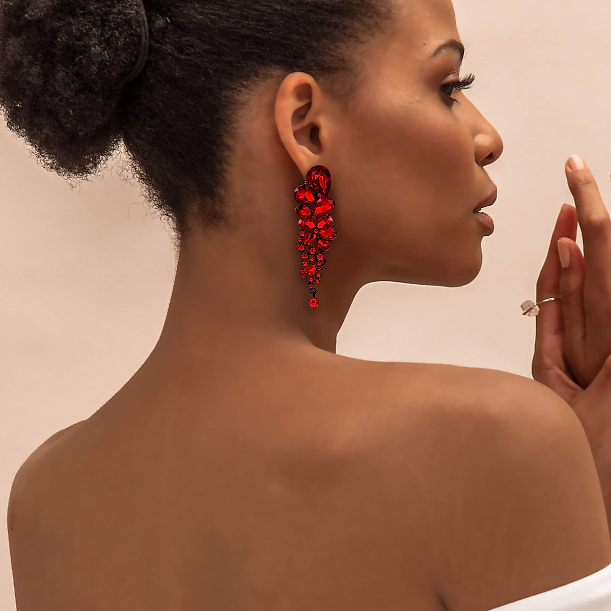 EVER FAITH Women's Wedding Banquet Jewelry Red Crystal Elegant Teardrop Dangle Pierced Earrings Black-Tone