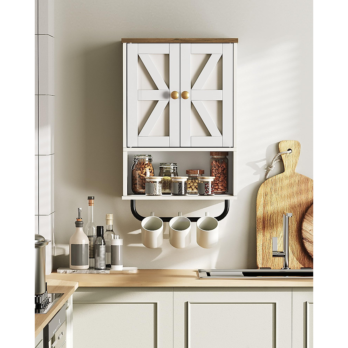 CHOEZON Bathroom Wall Cabinet, Medicine Cabinet with Open Partition and Towel Bar, Rustic Storage Cabinet with Open and Hidden Storage Space, for Bathroom, Living Room, Kitchen, White and Walnut