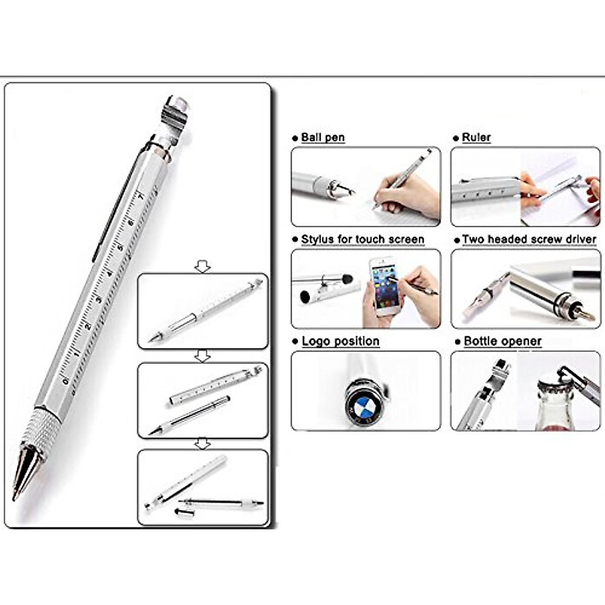 Shulaner 7 in 1 Metal Tech Tool Pen with Ruler, Bottle Opener, Phone Stand, Ballpoint Pen, Stylus and 2 Screw Driver, Multifunction Tool Fit for Men or Women, 4 Color, Pack of 4