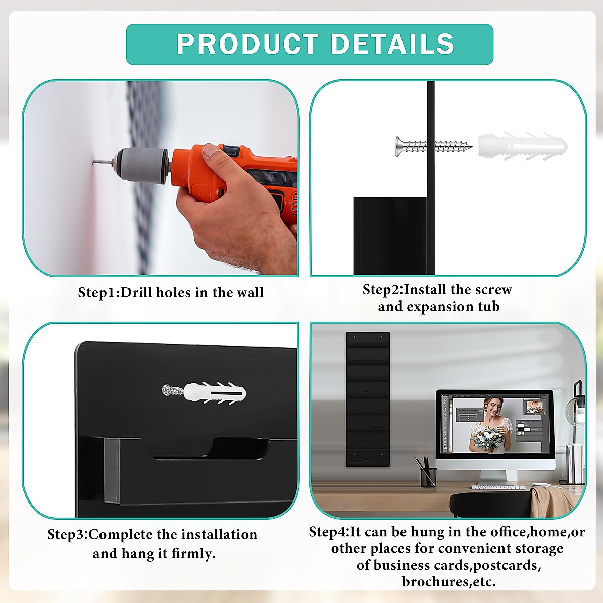 Geelin 2 Pcs Business Card Holder with Hanging Hardware Black Acrylic 16 Pocket Business Vertical Organizer Wall Mount Sticker Display Rack Pre Drilled Organizing Stand for Office Home (Vertical)