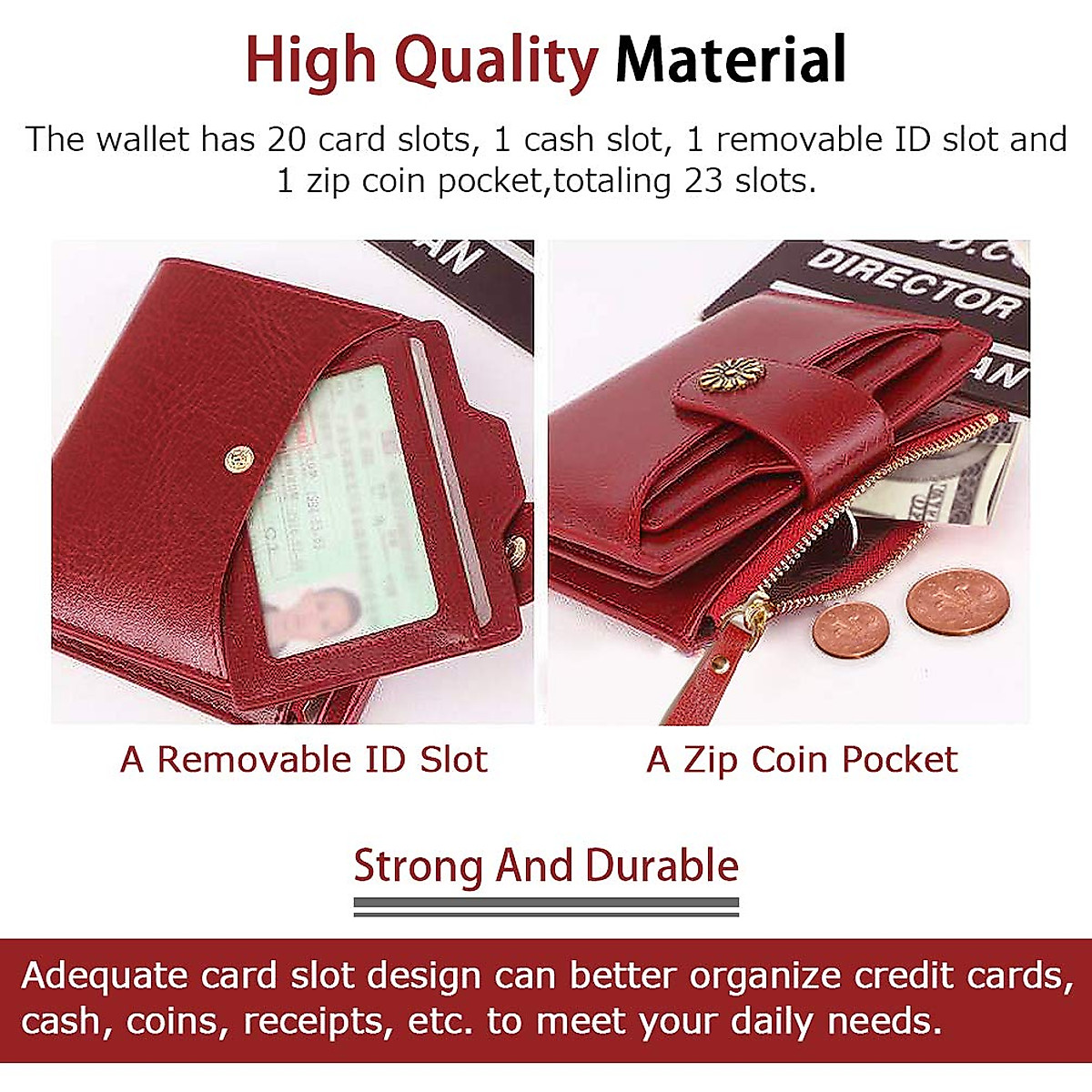Dyeek Women Genuine Leather Wallet Short Wallet Ladies Purses Luxury Wax Leather Card Holder Large Capacity Multiple Card Position Zipper Coin Pocket(Wine Red) , Medium