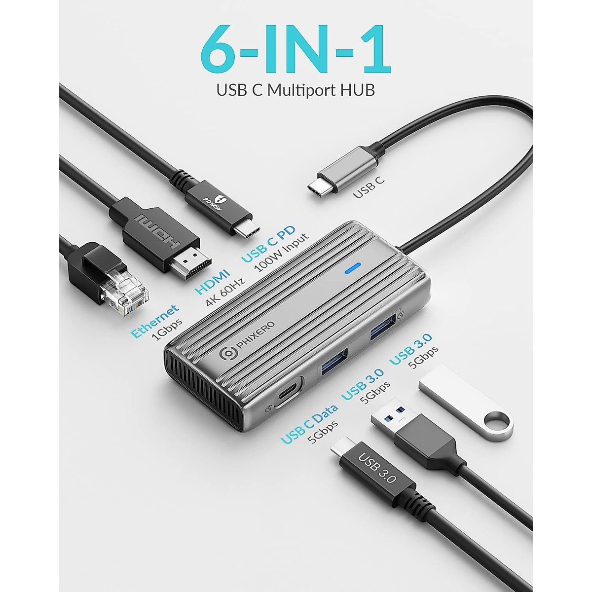 PHIXERO USB C Hub Multiport Adapter, 4K 60Hz USB C Docking Station, 6-in-1 USB C Adapter with 1Gbps Ethernet, 100W PD, USB-C and 2 USB-A 5Gbps Data Port, for MacBook Pro/Air, USB C Laptop (Gray)