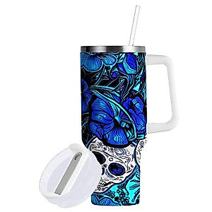 RPLIFE Blue Flowers Sugar Skulls Stainless Steel Coffee Tumbler, Insulated Water Bottle with Straw, Tumbler for Men