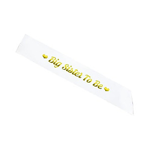 Big Sister to be Sash, White Satin with Gold Font with Heart, Best Baby Shower Decorations Gifts, Neutral Twins Children(Short Style)