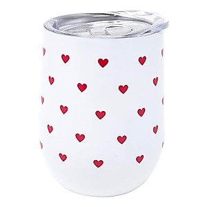 Draper James 12 Oz Insulated Tumbler with Lid, Stainless Steel Travel Wine Glass, Double Wall Metal Cup, Mini Hearts