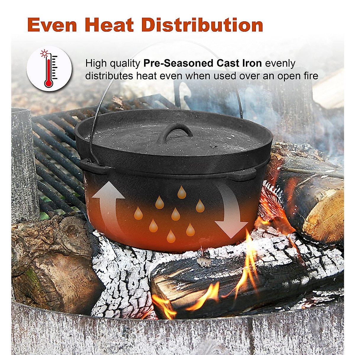 Bruntmor Pre-Seasoned Cast Iron Dutch Oven with Flanged Lid Iron Cover, for Campfire or Fireplace Cooking Pre-Seasoned Camping Cookware Flat Bottom 8 Quart