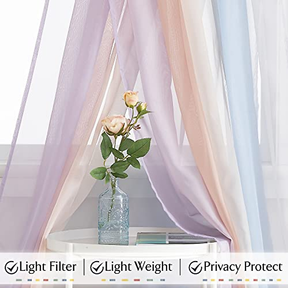 RYB HOME Canopy Bed Curtains - Soft Sheer Valance Curtains Backdrop for Dining Living Room Stage Events Sliding Door, 60 inch Wide x 216 inches Long, 1 Pair,Light Rainbow