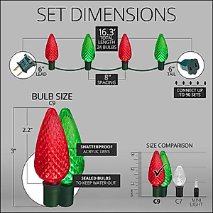 C9 Red and Green Christmas Lights Set of 24, 16.3 Ft, LED String Lights C9 Christmas Lights Red-Green Indoor-Outdoor LED Christmas Lights, IOS-4-24