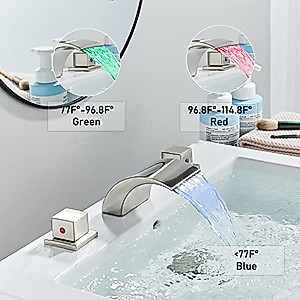 Oulantron Waterfall Widespread Bathroom Sink Faucet Bathroom Basin Sink Faucet LED with Changing 2 Handle 3 Hole Brushed Nickel Cold and Hot Water Mixer Vanity Bathroom Faucet