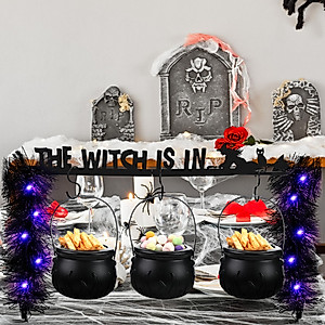 Halloween Witch Cauldron Candy Serving Bowl Halloween Punch Bowl Lighting Party Decorations for Table Kitchen Indoor Outdoor Halloween Candy Holder with Iron Rack and Garland Spiders