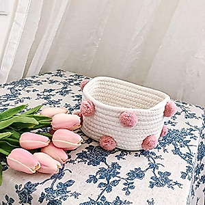 pizarra Cotton Woven Storage Basket Cute Pompom Decor Sundries Finishing Box Nordic Cosmetic Toys Organizer Pink S