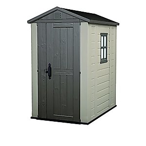 Keter Factor 4x6 Outdoor Storage Shed | Store Patio Furniture, Garden tools, Bike accesories, beach chairs, or Lawn Mowers | Taupe & Brown