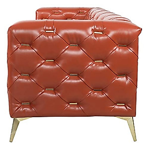 LEVNARY Modern Chesterfield Sofa Leather, Tufted Upholstered 3 Seater PU Couch, 84 Inches Settee Sofa with High Arm and Golden Metal Legs, Couches for Living Room Bedroom Office (Orange)