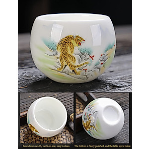 PARTYCART Sheep Fat Jade Ceramic Teacup, White Porcelain Teacup of Chinese Zodiac, Large 150ML Tea Cup for Household Use,Tiger