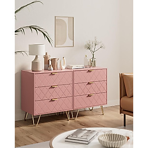 Aobafuir 3 Drawer Dresser for Bedroom, Modern Closet Dressers Chest of Drawers, Storage Dresser Chest Cabinet Organizer Unit, Small Fluted Dresser for Bedroom (Pink Diamond)