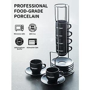 Espresso Cups with Saucers Set, Porcelain Coffee Cups Set with Metal Stand 4 OZ Stackable Demitasse Cups for Latte, Cafe, Mocha and Cappuccino, Tea Cup Set of 6, Thanksgiving Gifts, Black