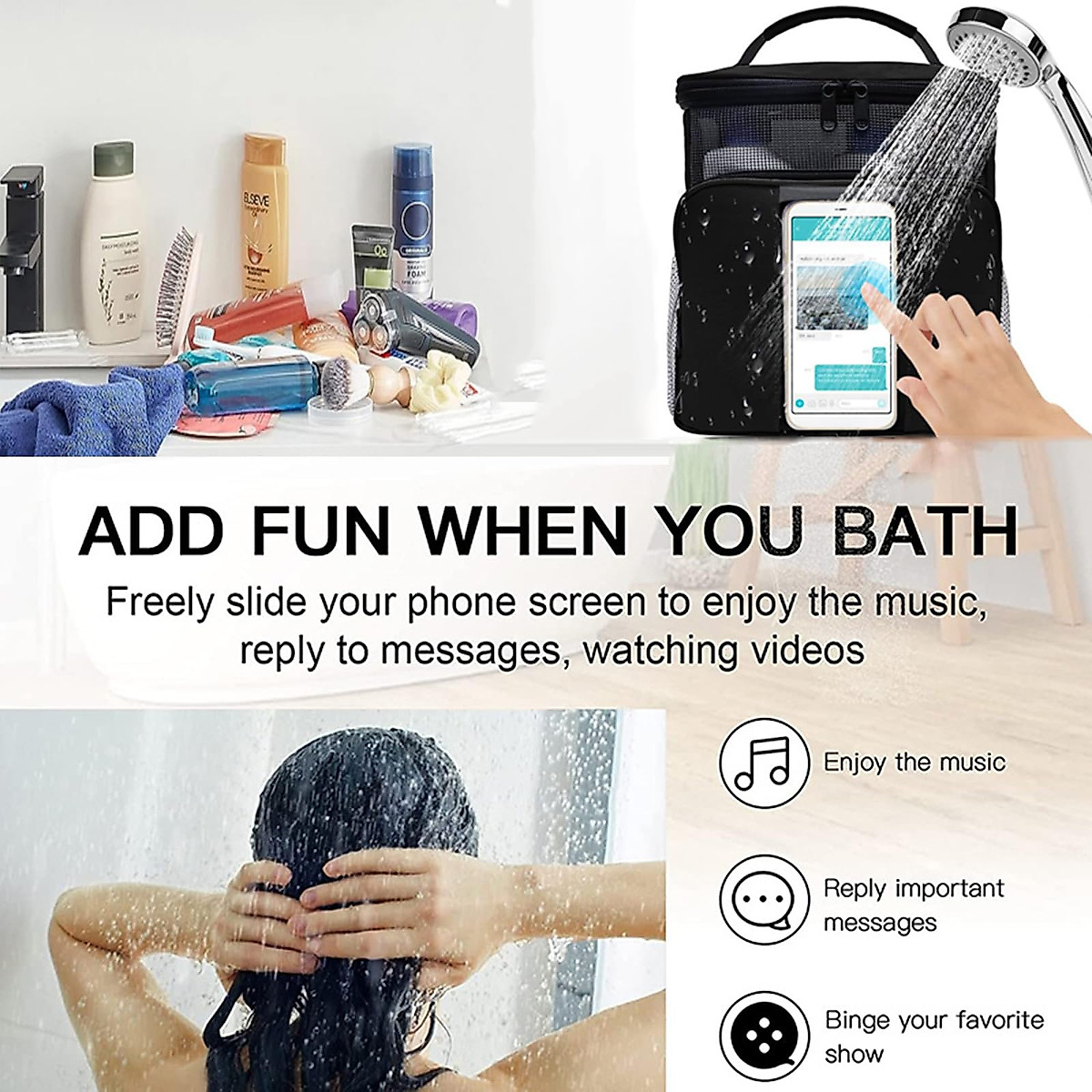 ZJSTRO Portable Shower Caddy,Dorm Room Essentials for guys girls,Hanging Toiletry Bag,College Tote Bag,Mesh Shower Caddy For Dorm,Camping,Gym,Women Men Travel Shower Bag-Black