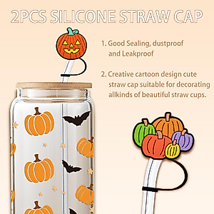 Halloween Pumpkins & Bats Glass Cup with Fall Silicone Straw Covers, Cute Halloween Gifts for Her – 16 oz Iced Coffee Tumbler with Lid & Straw, Spooky Boo Basket Stuffers Items for Women