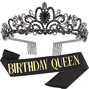 Didder Birthday Tiara for Women, Black Crystal Crown & Birthday Queen Sash Set, Tiaras for Women Birthday Sash and Tiara for Women Birthday Crowns for Women Girls Birthday Gifts for Women