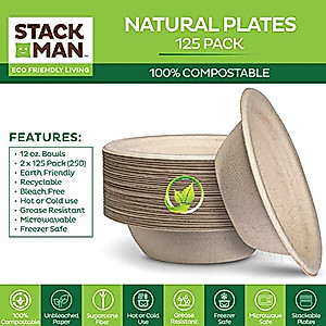 100% Compostable 12 oz. Paper Bowls [125-Pack] Heavy-Duty Quality Natural Disposable Bagasse, Eco-Friendly Biodegradable Made of Sugar Cane Fibers