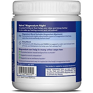 Natrol Mood + Stress High Absorption Night Magnesium Carbonate and Magnesium Glycinate 325mg with a Blend of Glycine, GABA, Lemon Balm and Melatonin, 16.3 OZ Cherry-Flavored Powder, 60 Day Supply